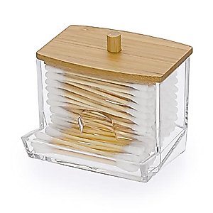 Hipiwe Acrylic Q-Tip Holder with Bamboo Lid - Clear Q-Tips Dispenser Bathroom Containers Canister Cotton Swab Holder Bathroom Countertop Storage Organizer for Q-tip Cotton Swab