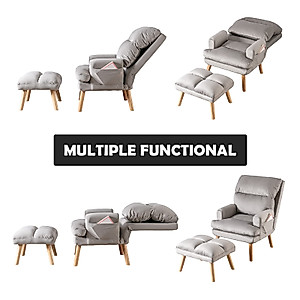 CANMOV Modern Accent Chair with Ottoman, Soft Fabric Armchair with Adjustable Backrest and Side Pockets, Comfy Lounge Chair for Living Room, Bedroom, Apartment, Office, Grey