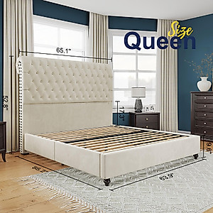 Jocisland Upholstered Bed Frame Queen Velvet Tufted Sleigh Headboard Cream