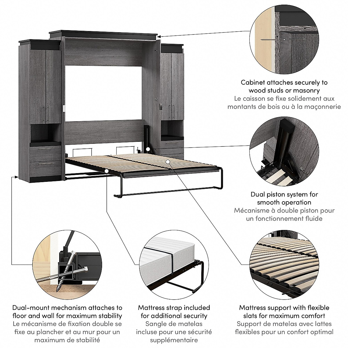 Bestar Orion Queen Murphy Bed with Storage Cabinets and Pull-Out Shelf (106W) in Bark Grey and Graphite, Sleeping Arrangement with Shelves