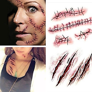 10pcs Horror Realistic Fake Bloody Wound Stitch Scar Scab Waterproof Temporary Tattoo Sticker Halloween Masquerade Prank Makeup Props (10) (10pcs S165)