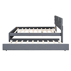 GJHOME Queen Size Upholstered Platform Bed Frame for Boys Girls Kids Adults Toddler with Brick Pattern Headboard and Twin XL Size Trundle, Linen Fabric, Gray