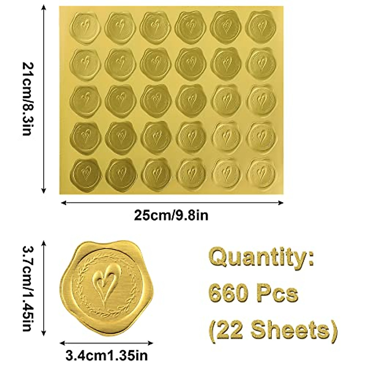660Pcs Gold Embossed Wax Stickers Valentines Day Heart Envelope Seals Self-Adhesive Stickers for Wedding Celebrations Greeting Cards Commemorative Parties Engagement Invitations