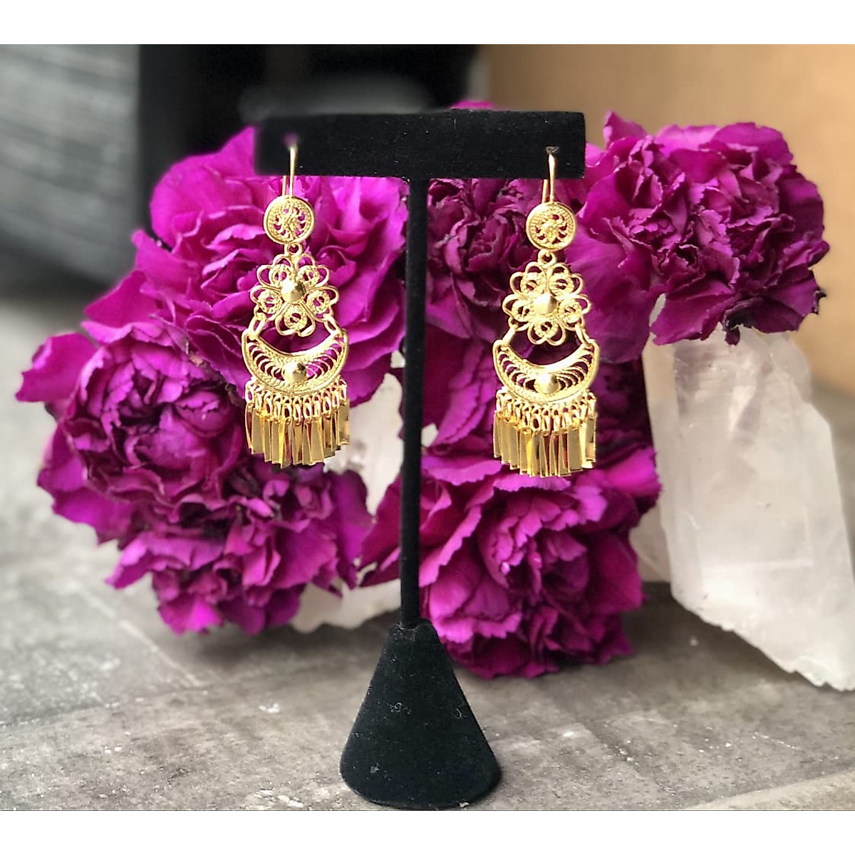 Folklorico Dance Mexican Gold Filigree Earrings, Small Flower Dangle, Day of the Dead, Mexican Earrings