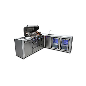 Mont Alpi MAi805-D90BEVFC 44-inch 6-Burner 115000 BTU 90 Degree Corner Deluxe Stainless Steel Gas Outdoor Kitchen Barbecue Island Grill + Lockable Compact Refrigerator + Faucet & Sink + Rotisserie Kit