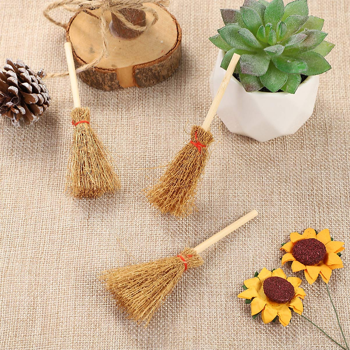 SEWACC Mini Straw Brooms with Red Ropes 12pcs Straw Broom Wizard Decor Artificial Miniature Halloween Straw Broom Craft Decoration for Home Decor Halloween Party