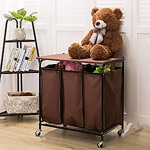 HollyHOME Laundry Cart 3-Bag Heavy-Duty Rolling with Ironing Board Laundry Room Organizer with Wheels Brown