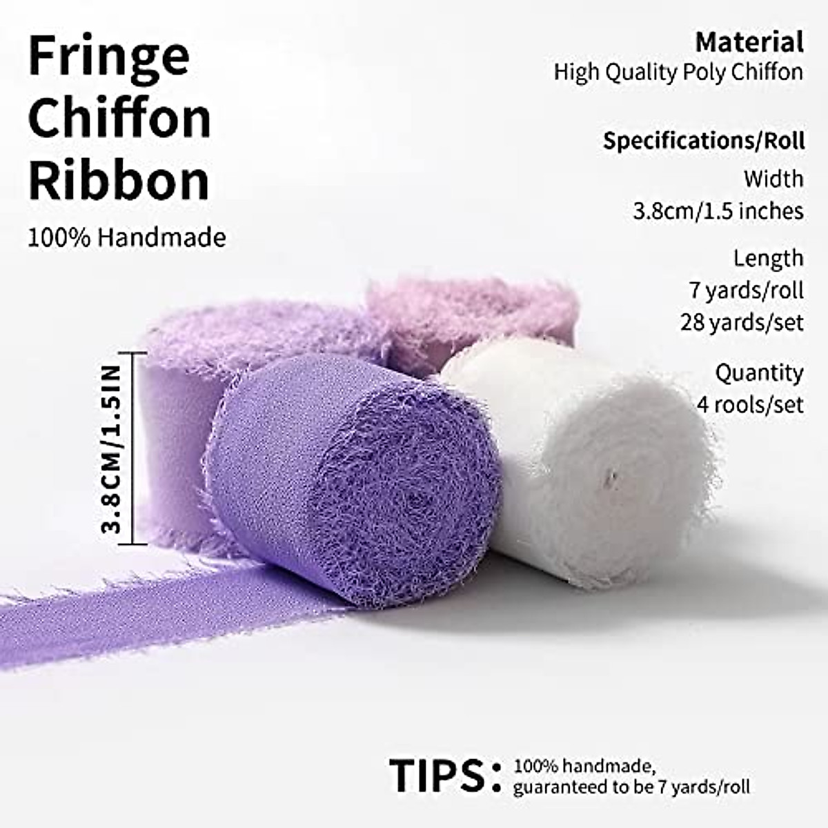 Serwalin 4 Rolls Chiffon Silk Ribbon 1.5" x 7Yd Gauze Frayed Edges Purple Handmade Fringe Ribbons Set for Wedding Invitations, Bridal Bouquets, Gifts Wrapping, DIY Crafts (4 Rolls 28 Yards)