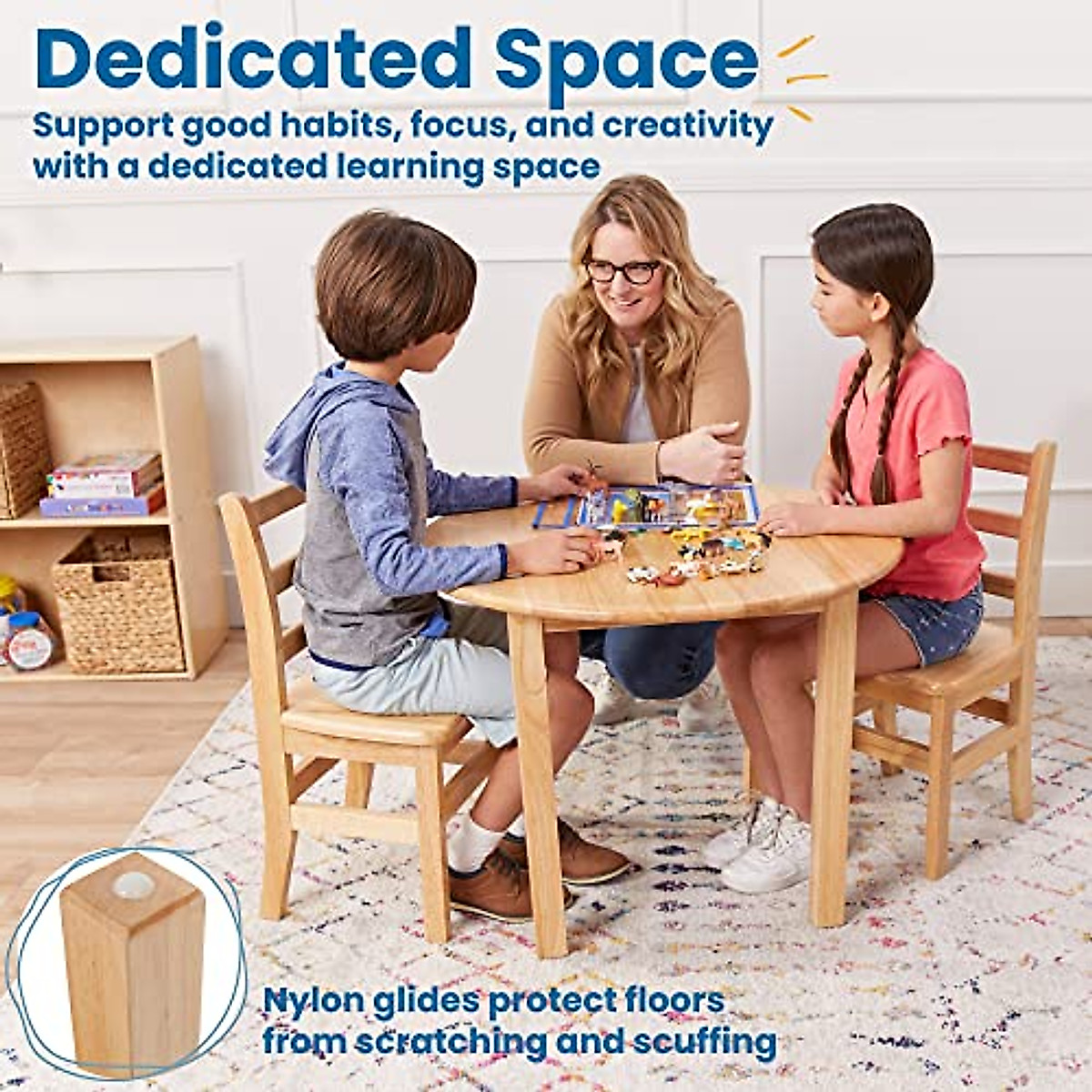 ECR4Kids 30in Round Hardwood Table and Chairs, 14in Seat Height, Kids Furniture, Natural, 3-Piece