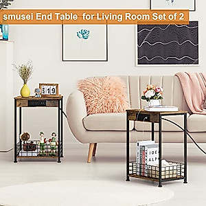 smusei Nightstand Set of 2 Bedroom Small End Table with Charging Station for Small Spaces 2 Tier Farmhouse Night Stands Bedside Tables with Storage Basket for Living Room
