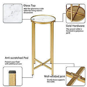 DOWLVN Gold Marble Snack Drink Accent Table, Small Round Side End Table for Living Room Bedroom Small Space, 11" D x 24" H