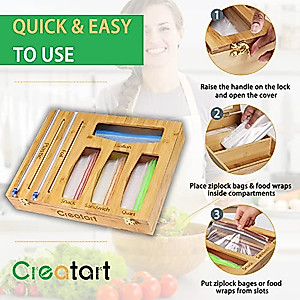 Creatart Bamboo Foil and Plastic Wrap Dispenser with Cutter 6 in 1 Ziplock Bag Storage Organizer for Drawer 12" Food Storage Bag Organizer for Gallon, Quart, Sandwich and Snack