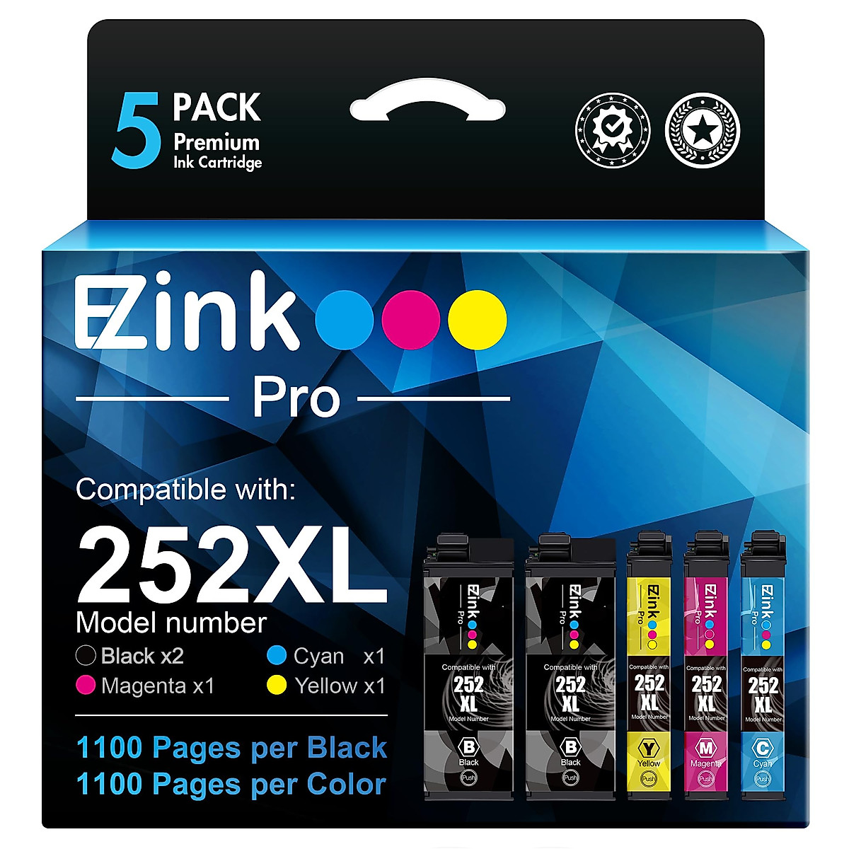 E-Z Ink Pro 252XL Remanufactured Ink Cartridges Replacement for Epson 252 T252 XL for Workforce WF-7720 WF-3640 WF-7710 WF-3620 WF-7210 WF-7110 WF-7610 WF-7620 (2 Black 1 Cyan 1 Magenta 1 Yellow)