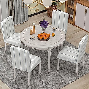Dinehome Kitchen 5-Piece Solid Wood Round Table Set with 4 Upholstered Chairs, Striped Fabric, for Dining Room, White