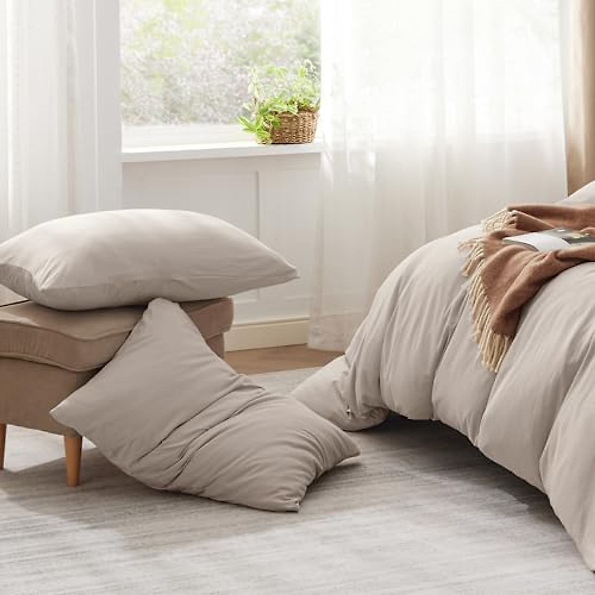 Bedsure 100% Jersey Knit Cotton Duvet Cover Queen Size - Ultra Soft T-Shirt Cotton Bedding Set, Includes 1 Duvet Cover 90x90 Inches with Zipper Closure & 2 Pillowcases (Tannish Linen)