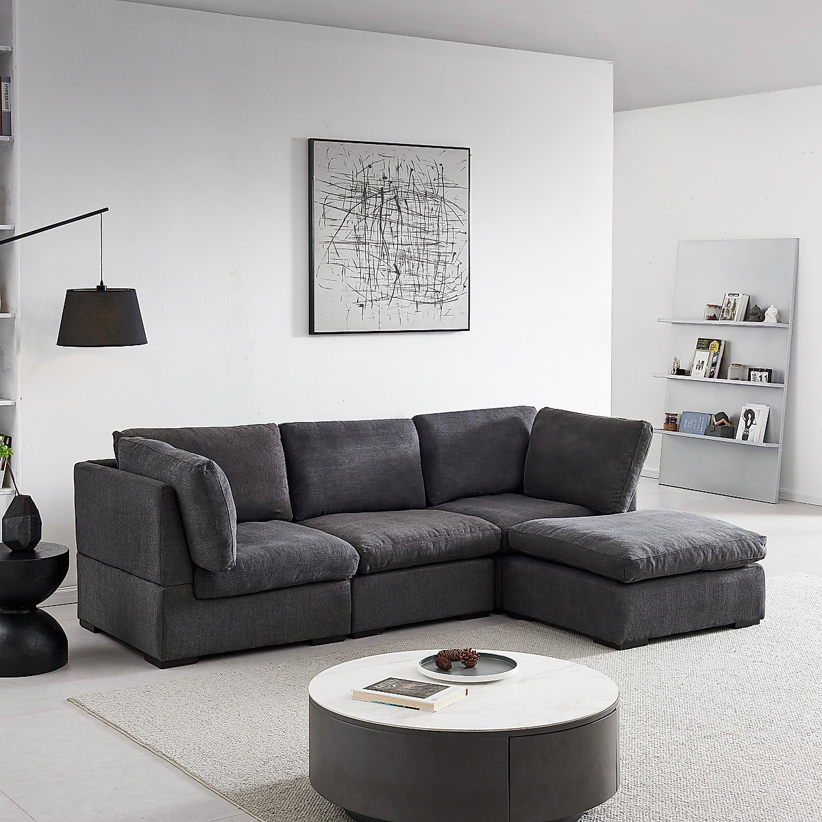 99" Modular Cloud Sectional Sofa W/Down Feather Filled & Reversible Lounge Chaise, L-Shaped Corner Couch Deep Seat with Movable Ottoman for Home Apartment Living Room Hotel Lobby, Dark Gray