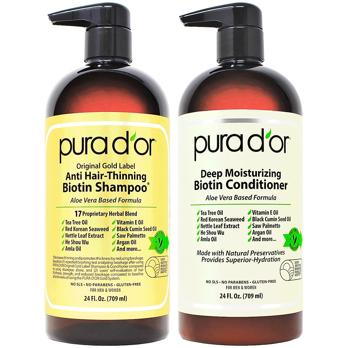 PURA D'OR Anti-Thinning Biotin Shampoo & Deep Moisturizing Conditioner Original Gold Label Set (24oz x2) Natural Earthy Scent, CLINICALLY TESTED Effective Results, DHT Blocker Thickening, Women & Men