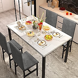 tantohom Dining Table Set for 4, Modern Kitchen Table and Chairs for 4, Home Furniture Dining Room Table Set with Faux Marble Countertop and PU Leather Chairs for Small Space, Apartment, Dinette, Gray
