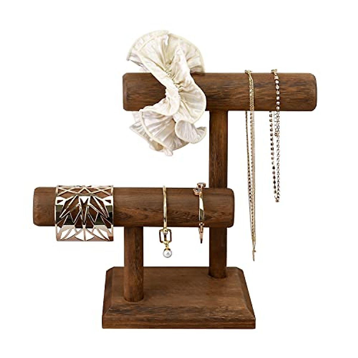 Ikee Design 2 Tier Wooden Jewelry Bracelet Watch Display Tower, Bangle Scrunchie Necklace Holder Storage Stand, 7.9" W x 4.3" D x 9.4" H, Brown Color