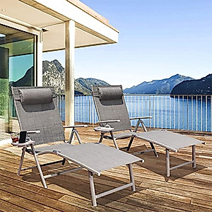 GOLDSUN Aluminum Outdoor Folding Adjustable Chaise Lounge Chair Set of 2 with Headrest and Tray for Patio Beach Porch Swimming Poolside, Set of Two, Grey