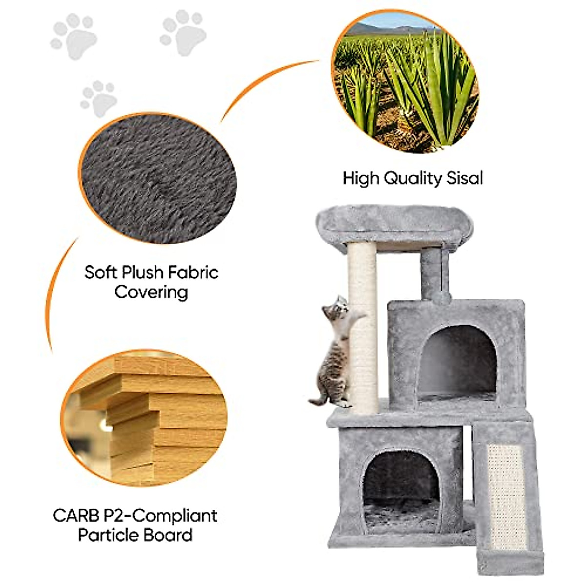 Nova Microdermabrasion Cat Tree, 34 Inches Ultra Soft Plush Covering with Sisal Rope Posts for Scratching, House Furniture for Kittens, Grey