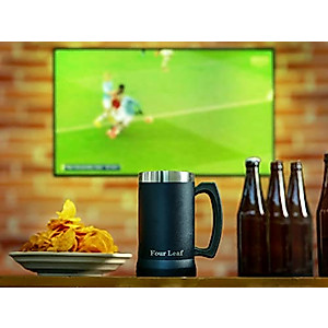 Four Leaf Beer Mug with Handle - 24 Oz Mug Vacuum Insulated, Stainless Steel - Insulated Coffee Mug, Beer Stein, Beer Cup, Travel Mug, Coffee Tumbler (Black)