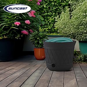 Suncast Round Resin Decorative Weatherproof Outdoor Hideaway Standard Garden Hose Storage Pot with Drainage Holes for Garden, Gray