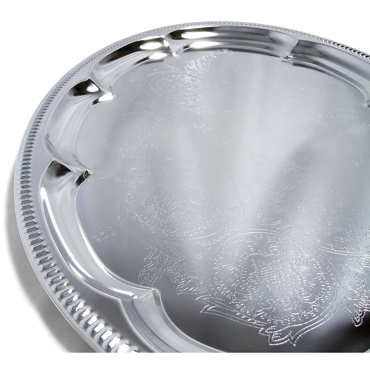 Maro Megastore (Pack of 4) 18.1 inch x 13.3 inch Traditional Oval Floral Pattern Engraved Catering Chrome Plated Serving Plate Mirror Tray Platter Metal Tableware Holiday Party Large T225-4PK