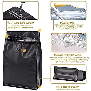 REMTAP Coffee Bags with Valve(50pcs,12 oz,3/4 lb) balck High Barrier Aluminumed Foil Flat Bottom Standing Coffee Beans Storage Bags,Reusable Heat Sealable Side Zipper Pouches for Home or Store