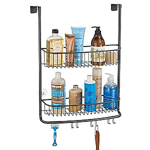 mDesign Extra Wide Stainless Steel Bath/Shower Over Door Caddy, Hanging Storage Organizer 2-Tier Rack with Hook and Basket, Holder for Soap, Shampoo, Loofah, Body Wash, Omni Collection, Graphite Gray