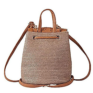 Meyaus Women Small Braid Tassels Straw Woven Backpack PU Leather Flap Drawstring Daypack Shoulder Bag