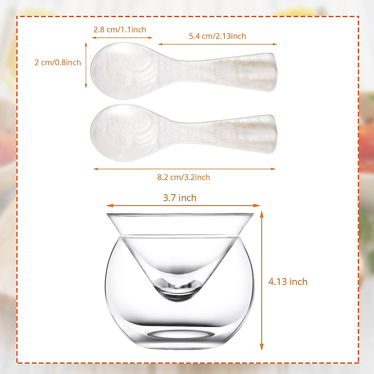 Glass Caviar Chiller Server Set and 2 Pieces Caviar Spoons 3.2 Inch Shell Spoon Mother of Pearl Caviar Spoons Round Handle for Caviar, Egg, Ice Cream, Coffee, Restaurant Serving