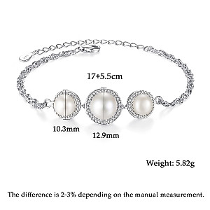 Red Lychee Freshwater Cultured Pearl Bracelet for Women Wedding Platinum Plated Sterling Silver Pearl Bracelets Genuine White Pearls Simulated Diamond Bracelet Link 7”+2"