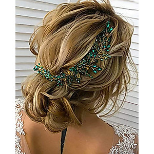 Denifery Emerald Wedding Hair Piece Green Hair Vine Bridal Gold Jewelry Headpiece Wedding Hair Accessories