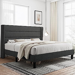 iPormis Full Size Bed Frame with Wingback, Modern Upholstered Platform Bed with 8'' Under-Bed Storage, Fabric Headboard, Wood Slats Support, No Box Spring Needed, Noise-Free, Easy Assembly, Dark Gray