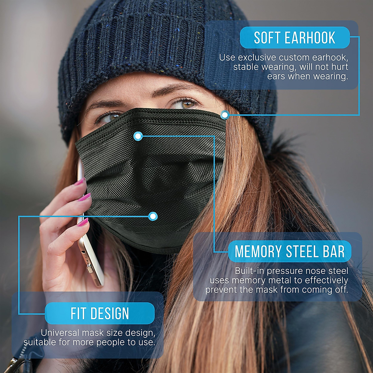 SereneLife 50 Count Disposable Face Masks | Breathable 3-Ply Layers | Made from Non-Woven Fabric | Comfortable Earloops | Daily Use & Personal Care | Easy to Use & Disposable | For Adults (Black)