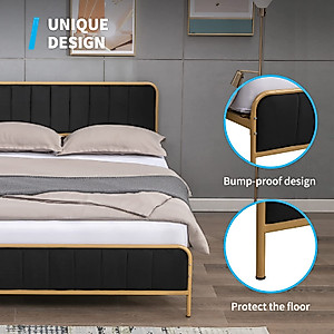 Mjkone California King Size Metal Platform Bed Frame with Dutch Velvet Headboard, Clearance Bed Frame Upholstered Headboard, Metal Strip Support, No Box Spring Needed, Black