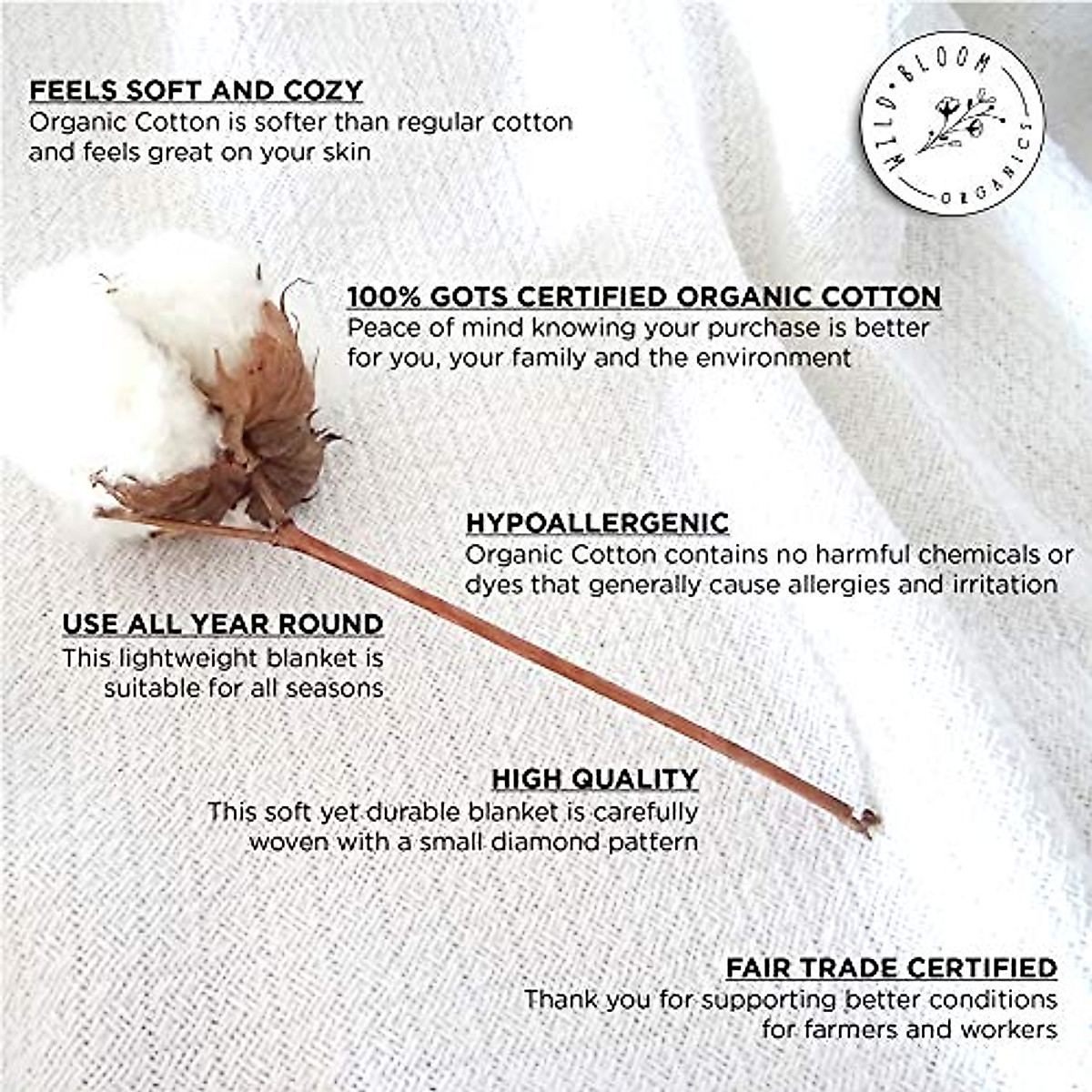 Wild Bloom Organics - 100% Organic Cotton Throw Blanket - 50"x70", GOTS Certified - White, Lightweight, Hypoallergenic