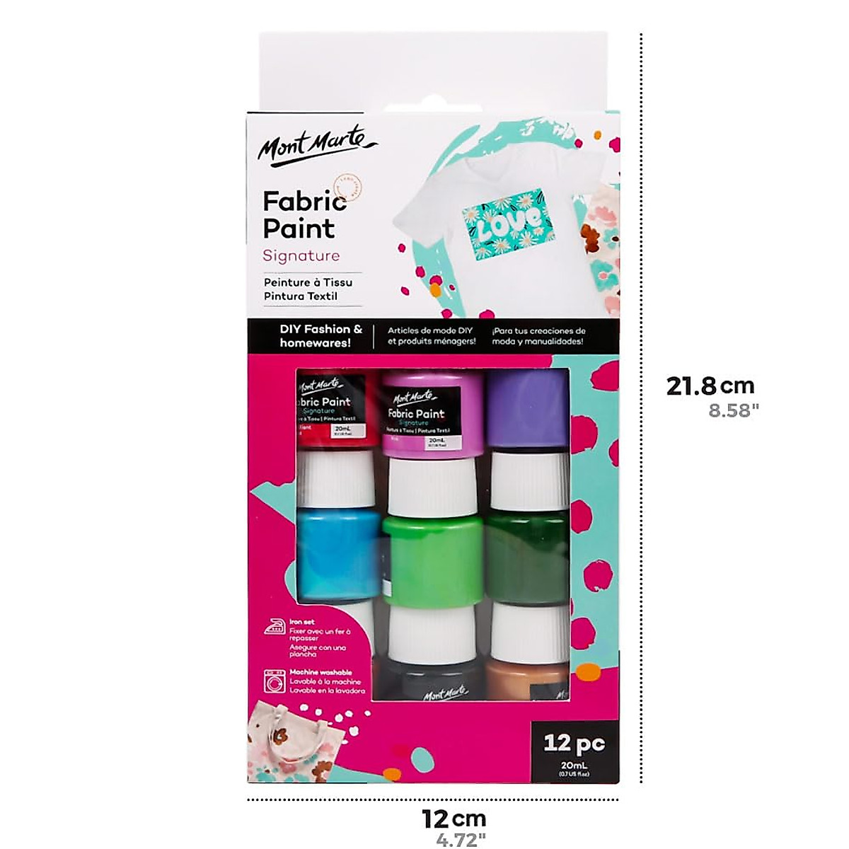 Mont Marte Signature Fabric Paint, 12pc x 0.7oz (20ml), Suitable for DIY Fashion and Homewares
