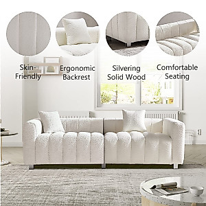 PEIHONGET 87.4" Mid-Century Sofa Couch, 3 Seater Sofa with Two Pillows, Upholstered Sofa Couch Tufted Teddy Fabric Solid Wood Fram and Legs for Living Room Bedroom Office(White)