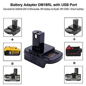 Battery Adapter with USB Port for Dewalt to Ryobi Battery&for Milwaukee to Ryobi Battery,Convert Dewalt 20V/Milwaukee 18V Battery to Ryobi 18V One+ Lithium-ion Battery(Only DM18RL Adapter)