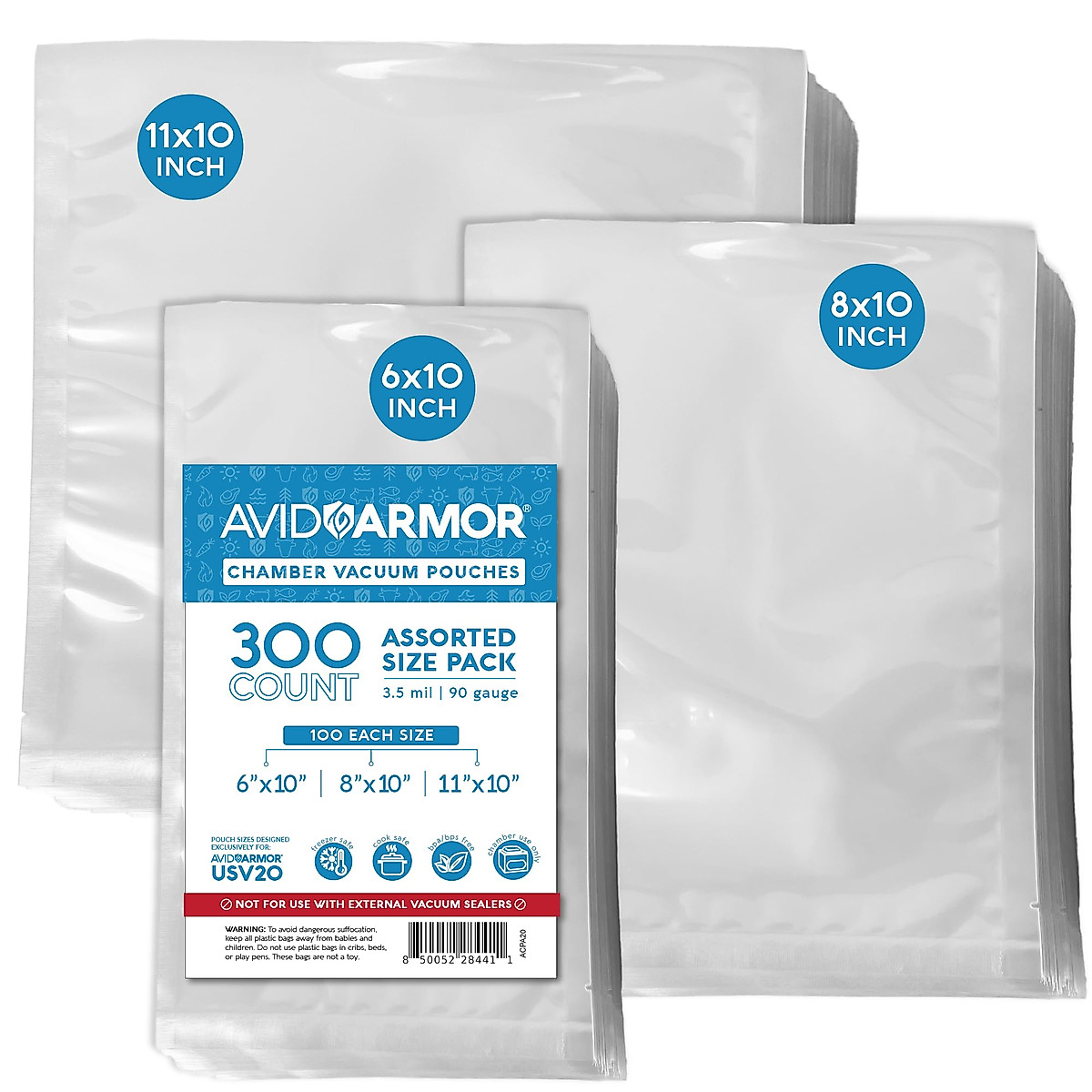 Avid Armor – Chamber Machine Pouches 3.5mil, Pre-Cut Chamber Vacuum Sealer Bags, Heavy Duty Seal Pouch, BPA-Free Chamber Sealer, Assorted Size Pack, 6"x10", 8"x10", 11"x10" - Pack of 300