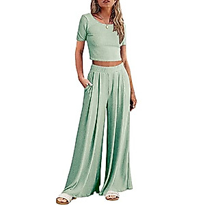 Ekouaer Lounge Sets Womens Pajama Set Short Sleeve Crop Top Loose Wide Leg Pants Casual Loungewear Set,Light Green,L