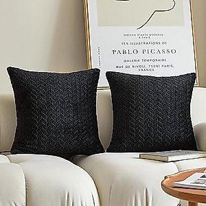 UGASA Velvet Pillow Covers Striped, Decorative Throw Cushion Case with Hidden Zipper for Home Couch/Bedroom, Soft Cozy Solid Square, 2 Packs (24"x24", Black)