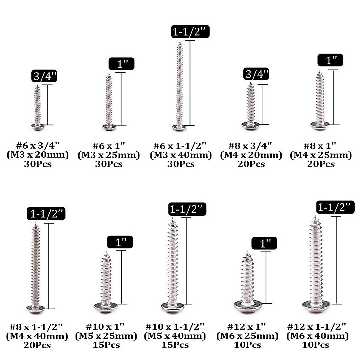 Hilitchi 304 Stainless Steel Hex Washer Head and Phillips Truss Head Self Drilling Sheet Metal Tek Screws Assortment Kit (Phillips Truss Head)