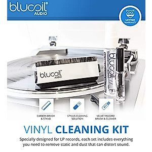 Blucoil Cleaning Kit for Turntable Stylus, LP and Vinyl Records - Anti-Static Carbon Fiber Brush, Velvet Record Cleaning Brush Stand 30ml Vinyl Record-Cleaning Solution 3.5ml Stylus Cleaner Fluid