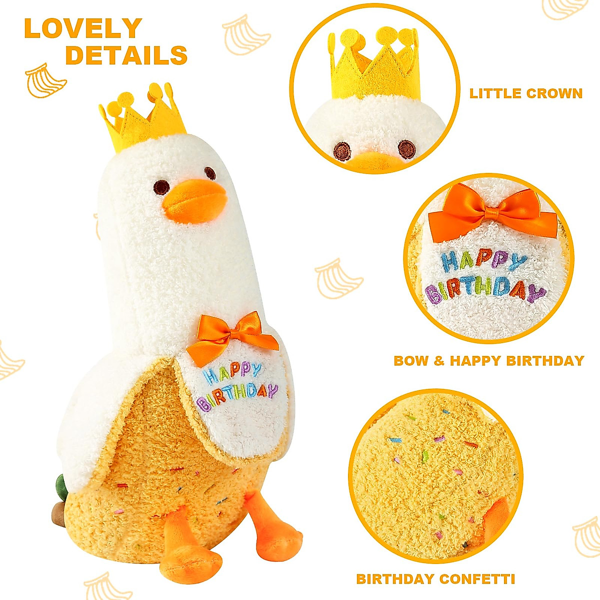PEACH CAT Banana Duck Plush Pillow with Birthday Party Crown Banana Duck Stuffed Animal for Birthday Gift for Kids Yellow 12"