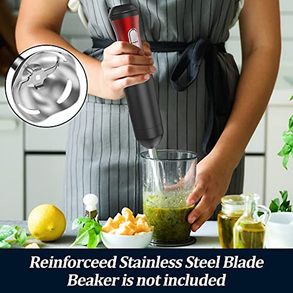 Immersion Hand Blender 5 in 1,Powerful 20 Speed Handheld Stick Blender with 800ml Beaker,500ml Food Chopper,Stainless Steel Whisk and Ice Crush Blade,BPA-Free for Smoothie, Baby Food, Sauces Red,Puree, Soup