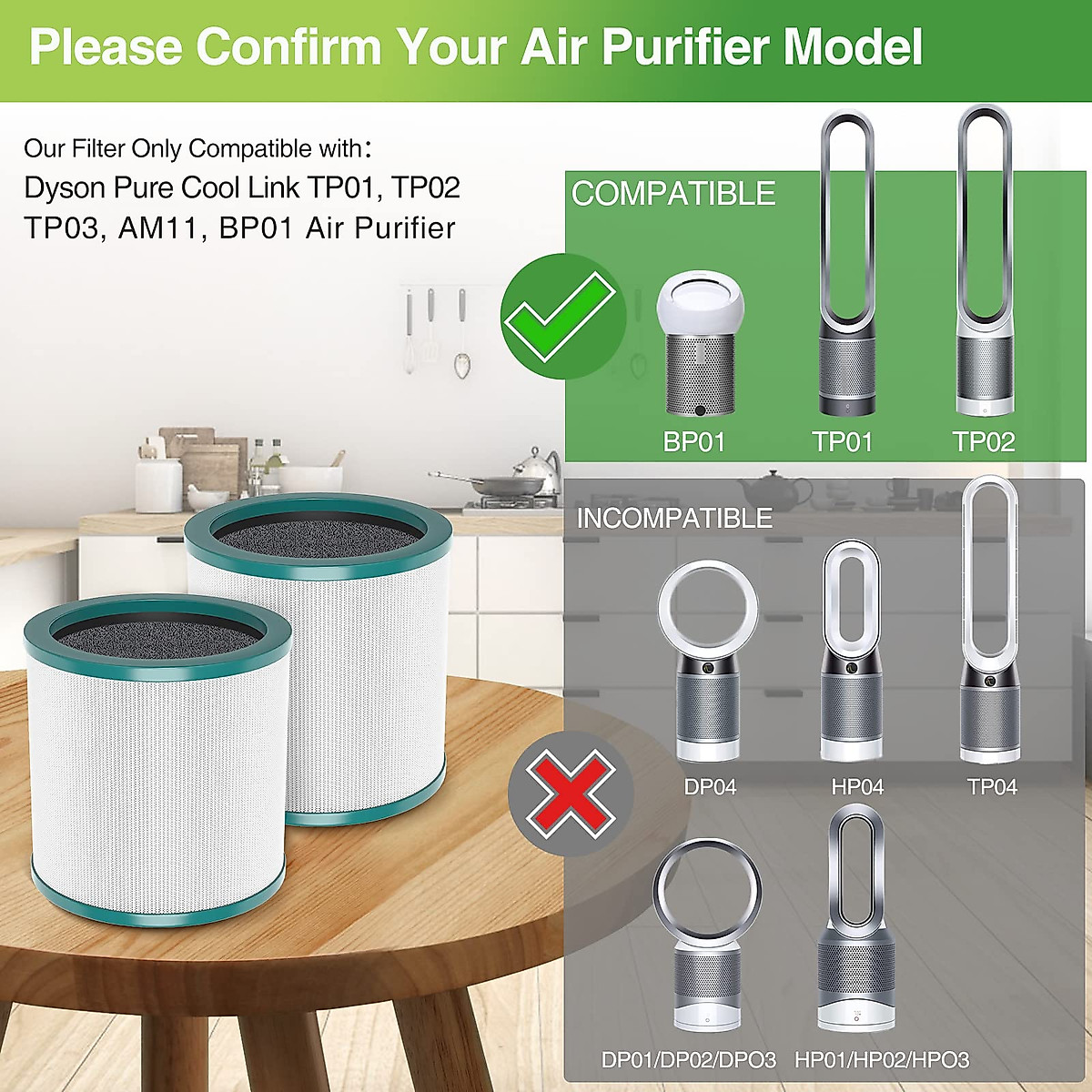 TP01 HEPA Filter Replacement Compatible with Dyson Tower Purifier Pure Cool Link TP01, TP02, TP03, AM11, BP01 Models, Compare to Part # 968126-03 (Pack of 2)