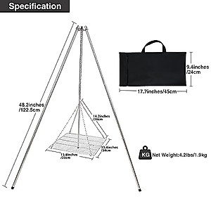 Lineslife Campfire Tripod Grill for Cooking, Durable Stainless Steel Camping Fire Tripod Grill with Grill Grate and Carrying Bag for Outdoor BBQ, Silver